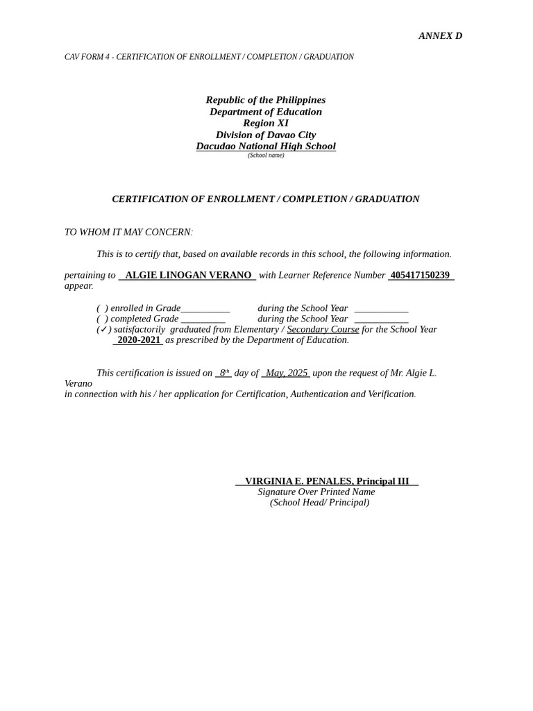 CAV Form 4: Enrollment Certification | PDF