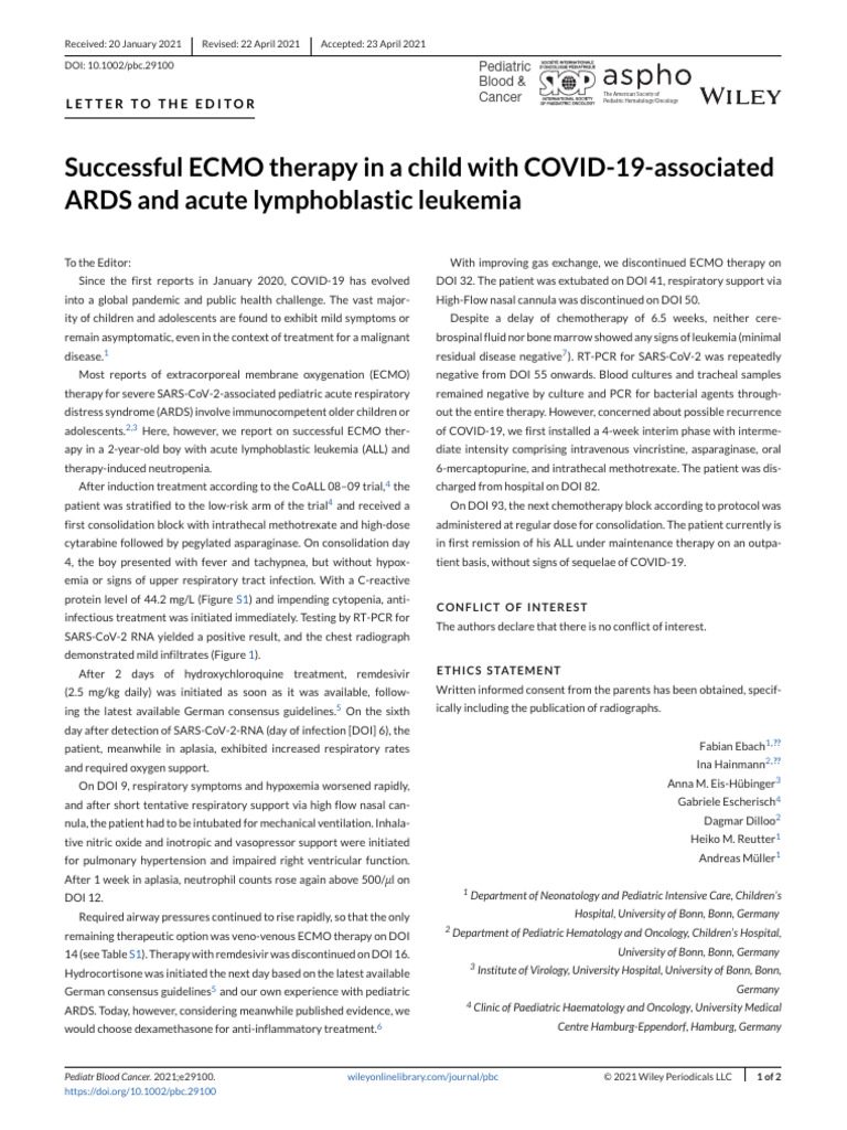 Case Report - 2021 - Successful ECMO Therapy in A Child With COVID-19 ...