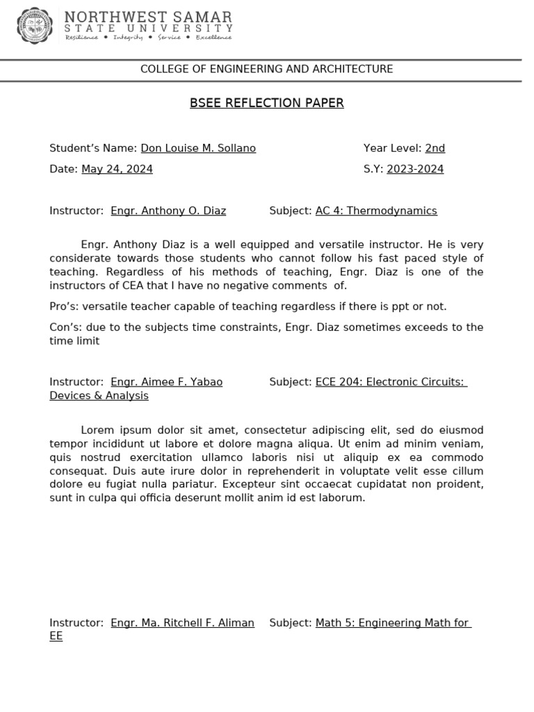 BSEE REFLECTION PAPER 2nd Year Second Sem | PDF
