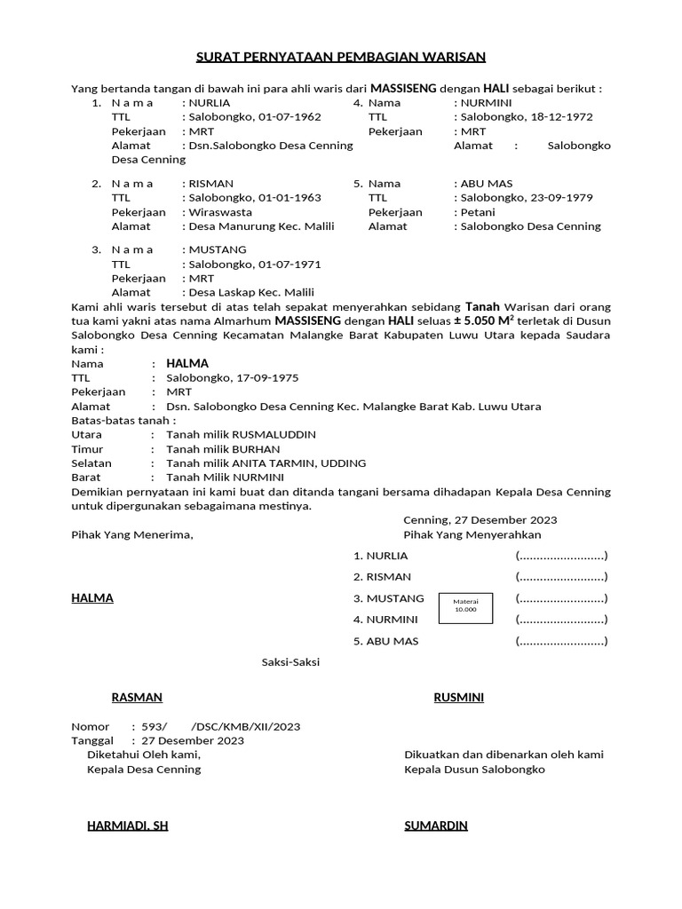 2. SURAT PEMBAGIAN WARISAN | PDF