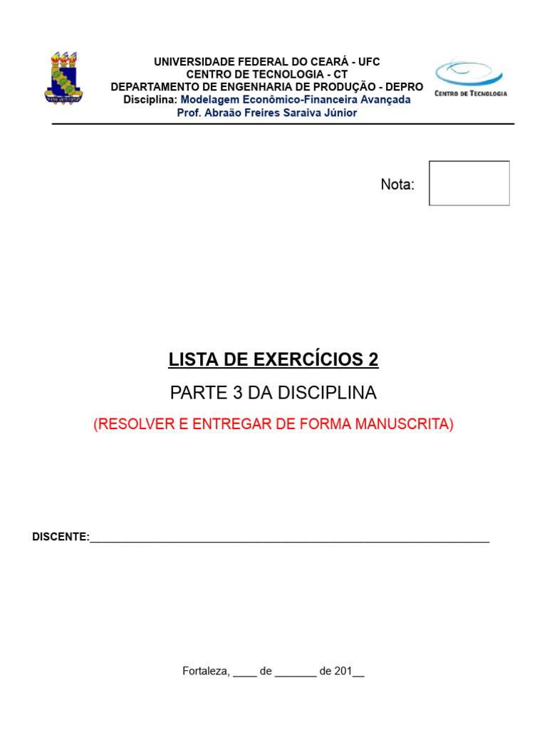 MODELAGEM ECON-FIN - Lista de Exercicios 2 | PDF | Comprovante de depósito | Investimentos