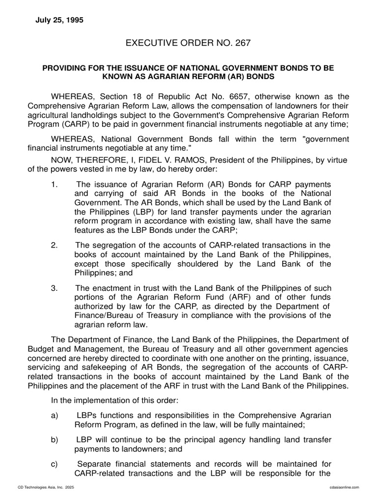 Agrarian Reform Bonds Executive Order | PDF | Bonds (Finance) | Government