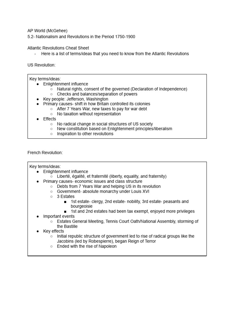 Atlantic Revolutions Cheat Sheet | PDF | French Revolution | Political ...