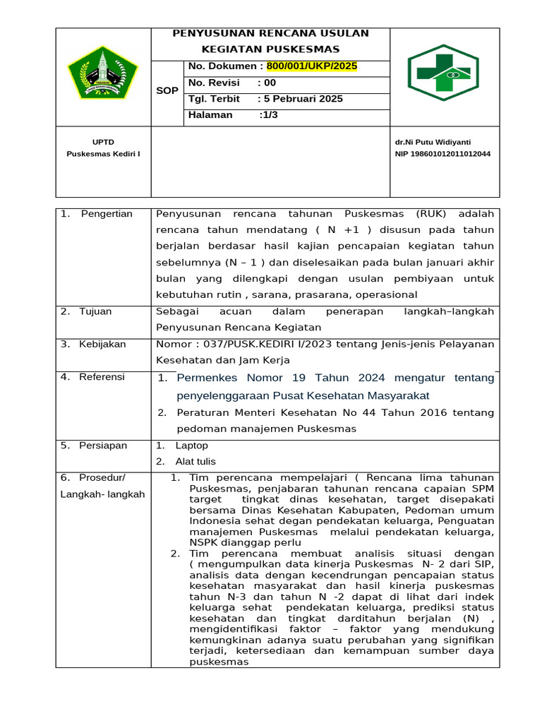 Sop Penyusunan RUK Puskesmas | PDF