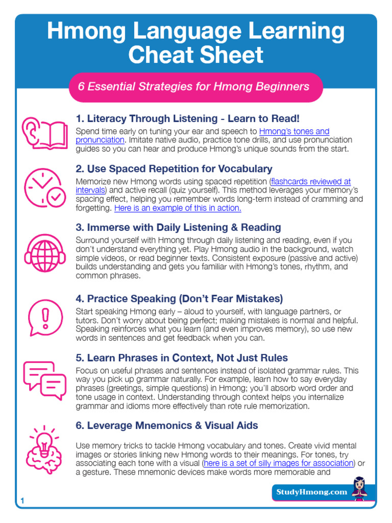 Hmong 6 Tips Cheet Sheet 1 | PDF | Tone (Linguistics) | Vocabulary