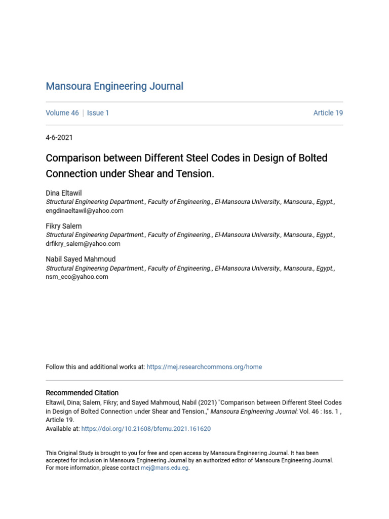 Comparison Between Different Steel Codes in Design of Bolted Conn | PDF ...