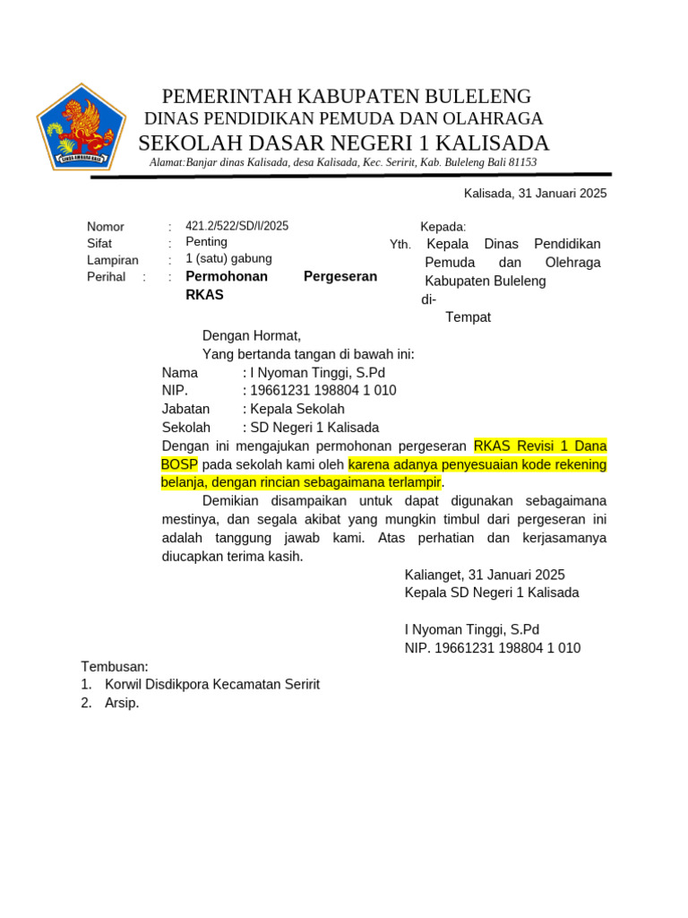 SURAT PERMOHONAN PERGESERAN 1 RKAS SDN 1 Kalisada | PDF