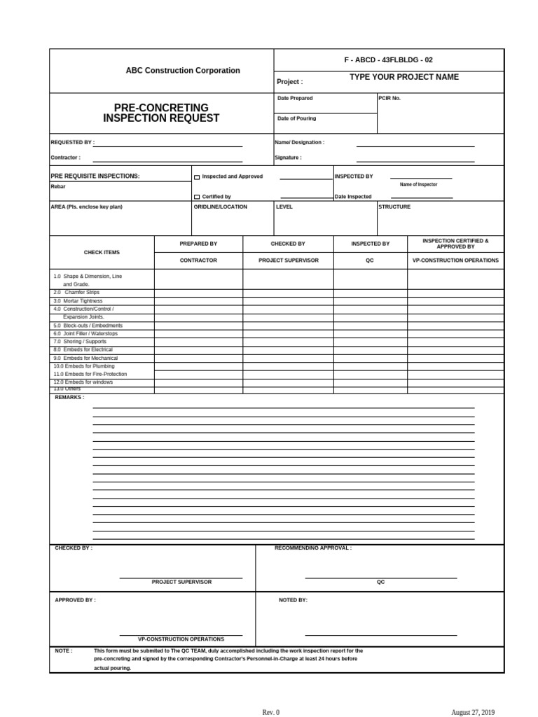 Pre-Concreting Inspection Request Form | PDF
