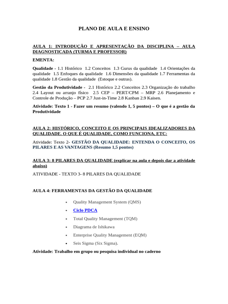 PLANO DE AULA E ENSINO - Gestão Da Produtividade | PDF