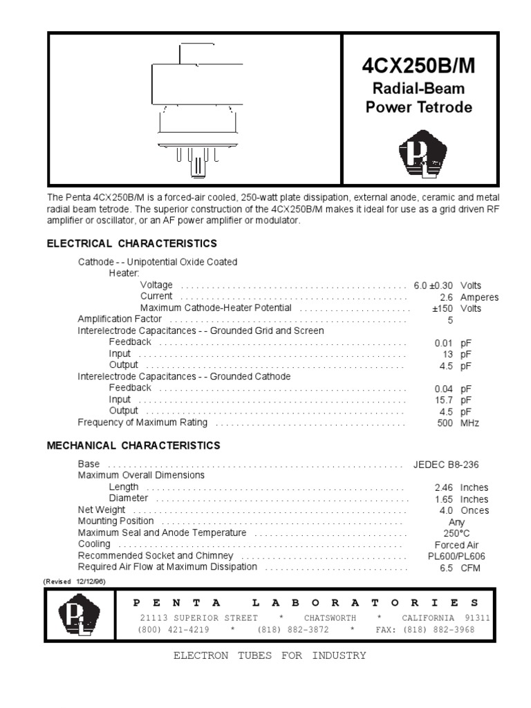 4CX250B/M: Radial-Beam Power Tetrode | PDF | Vacuum Tube | Electric Power