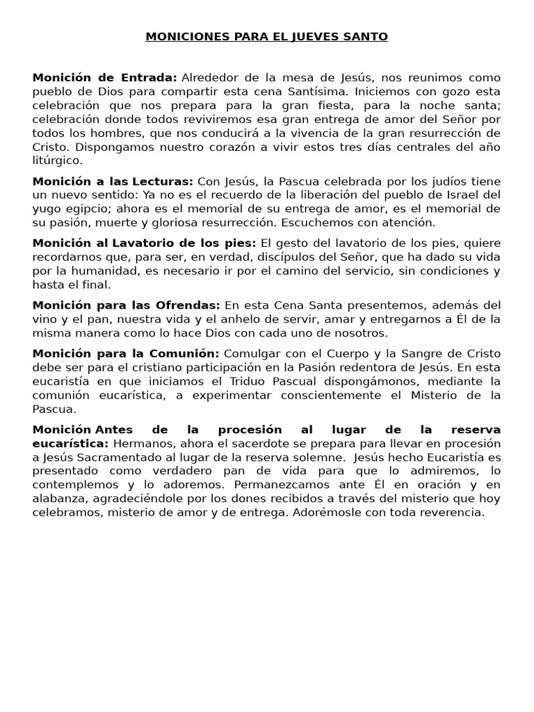 Moniciones para El Jueves Santo | PDF | eucaristía | Pascua de Resurrección
