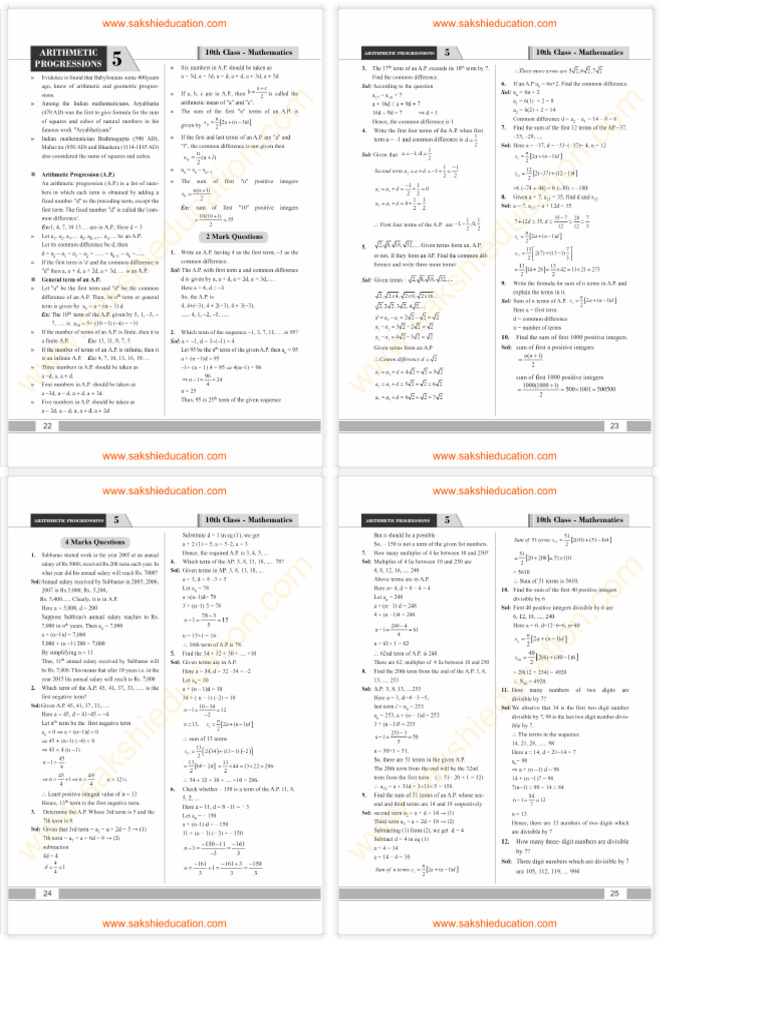 Andhra Pradesh Tenth Class 2025 - (Mathematics) Arithmetic Progressions 2025 Study Material and ...
