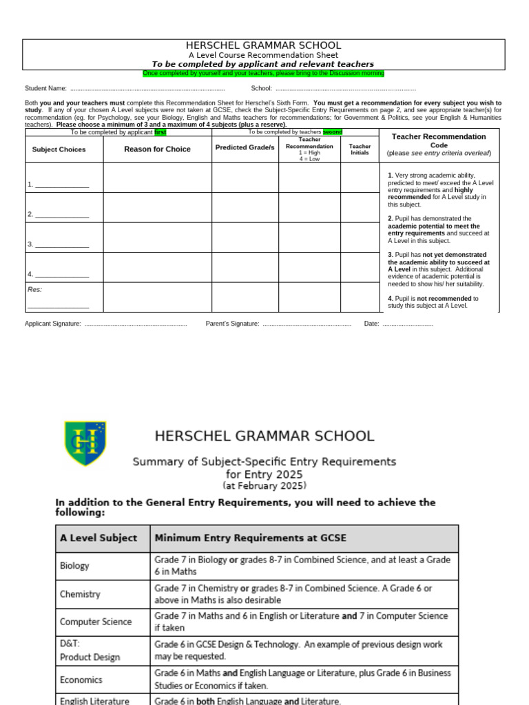 Herschel A Level Entry Requirements | PDF | Educational Stages