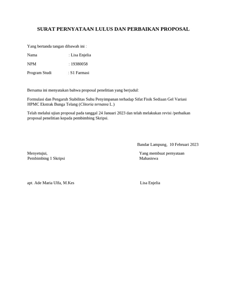 Surat Ket. Lulus Proposal Lisa Enjelia (19380058) .. | PDF