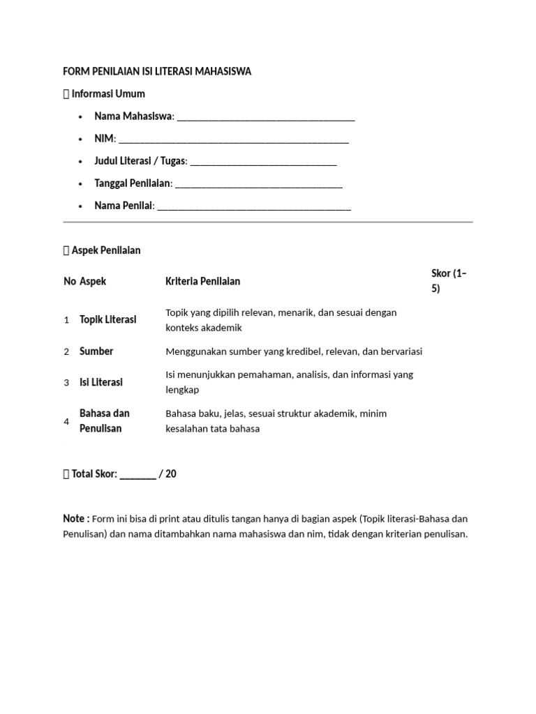 FORM PENILAIAN ISI LITERASI MAHASISWA | PDF