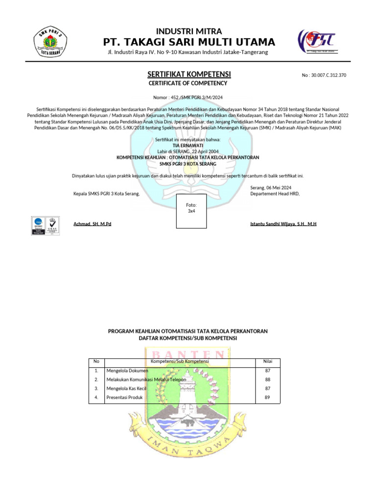 2 Sertifikat Uji Kompetensi 2024 Admintrasi | PDF