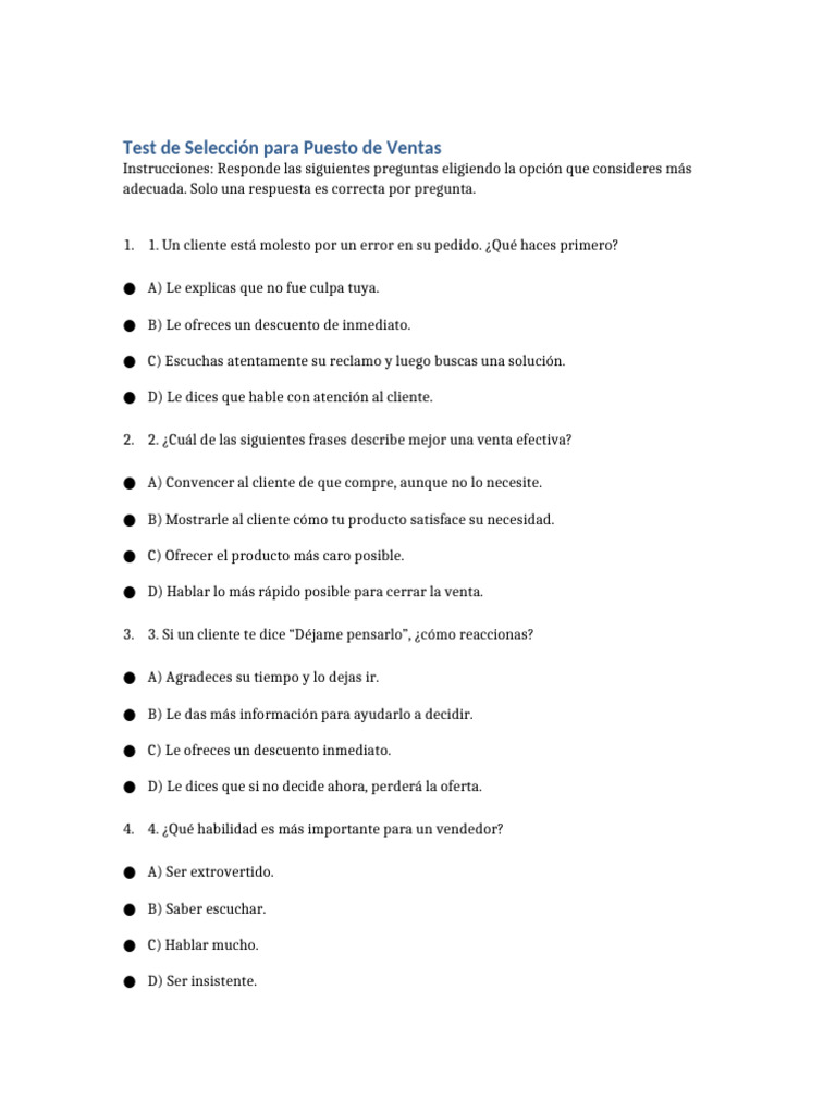 Test Seleccion Ventas | PDF