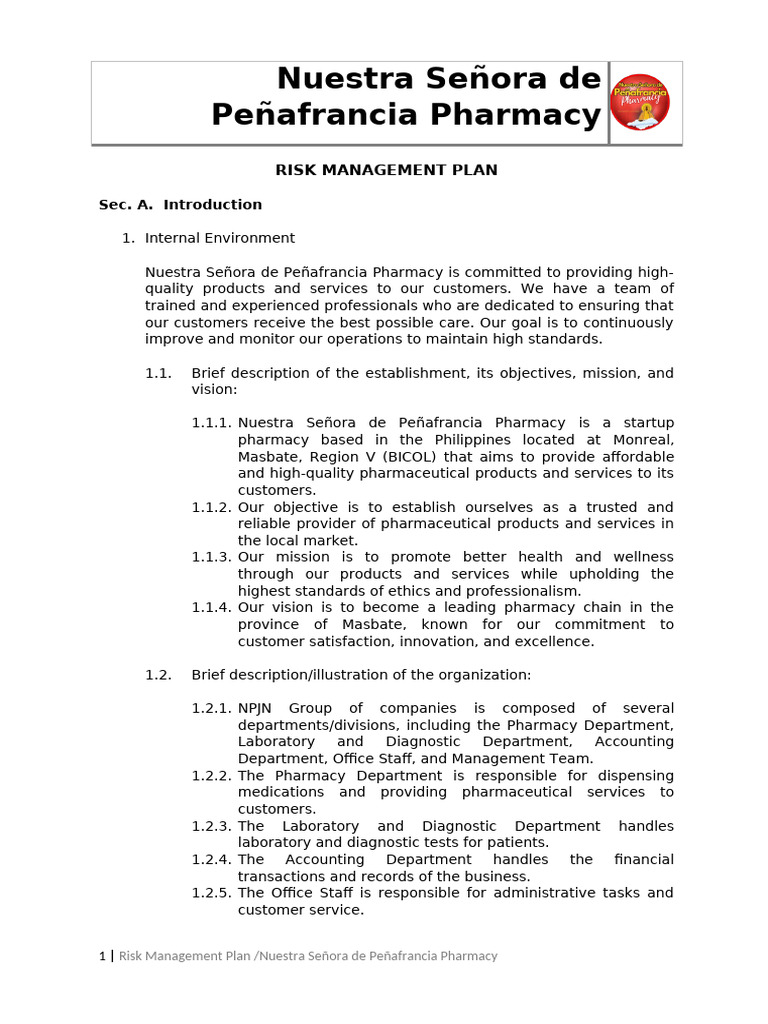 Risk Management Plan - RMP - For Drugstores (Peñafrancia) | PDF | Risk ...