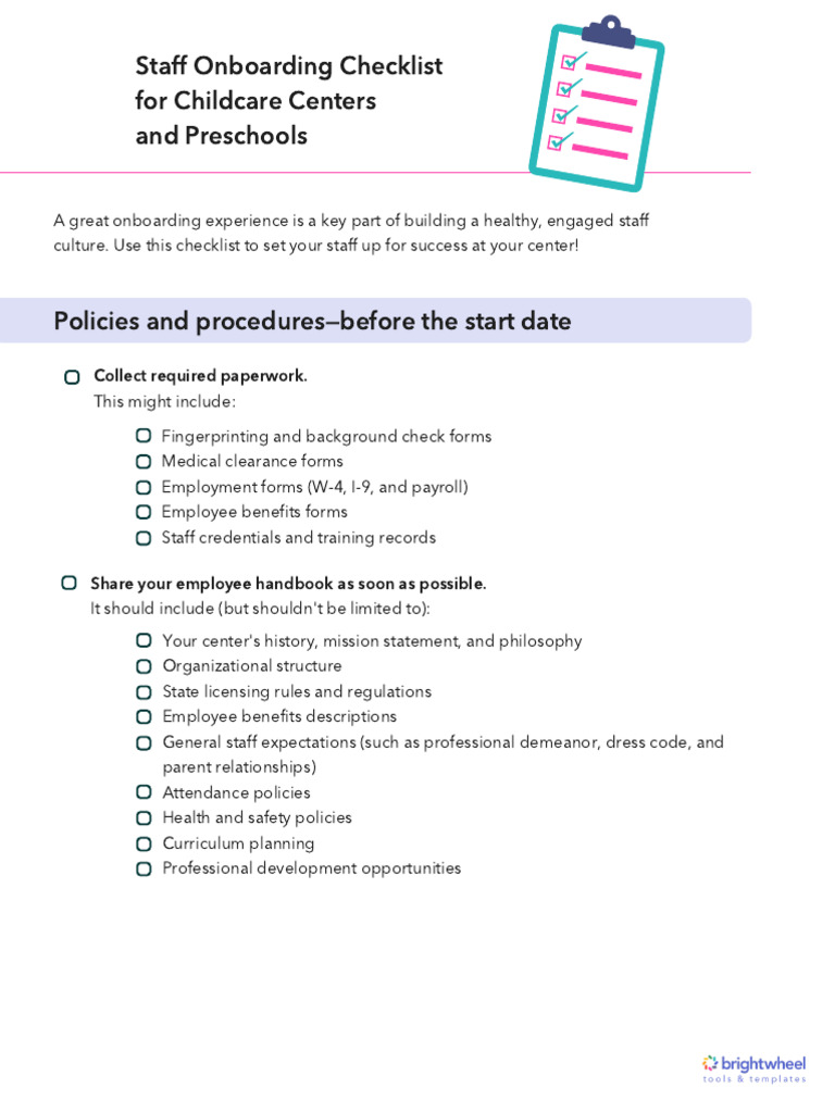 Staff Onboarding Checklist for Childcare | PDF | Child Care | Employment