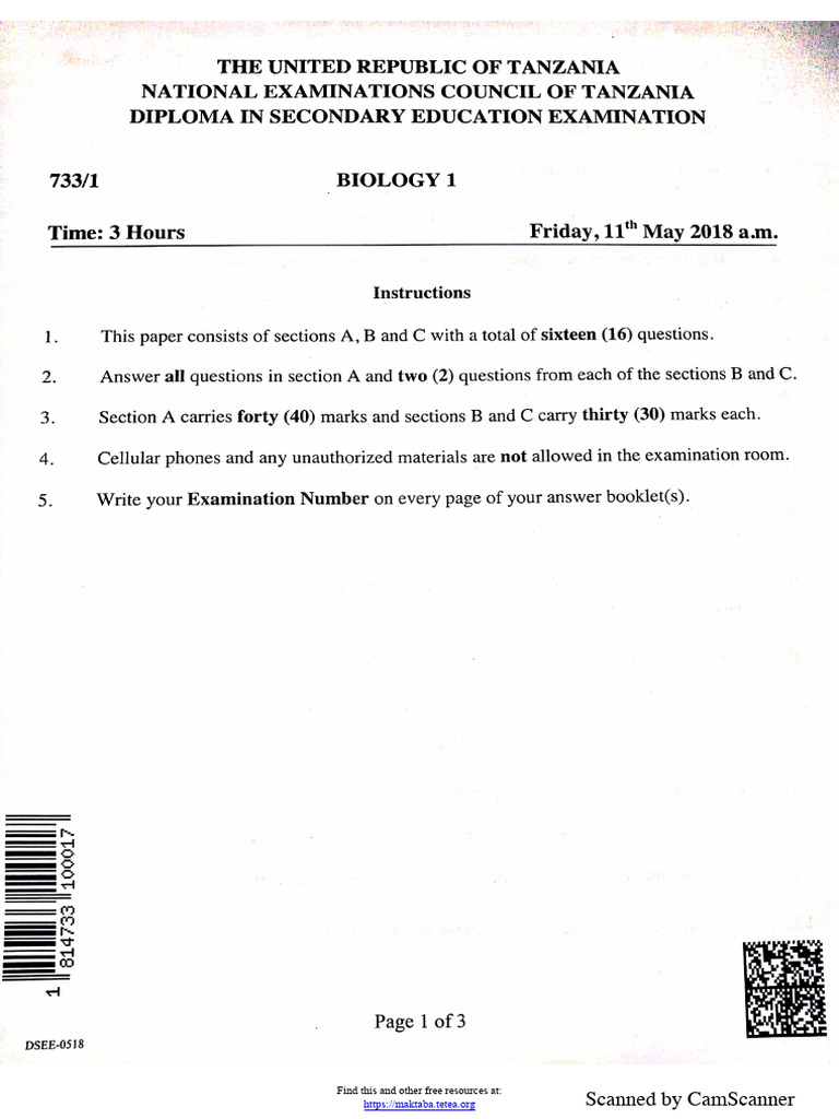 Biology 1 - DSEE - 2018 | PDF