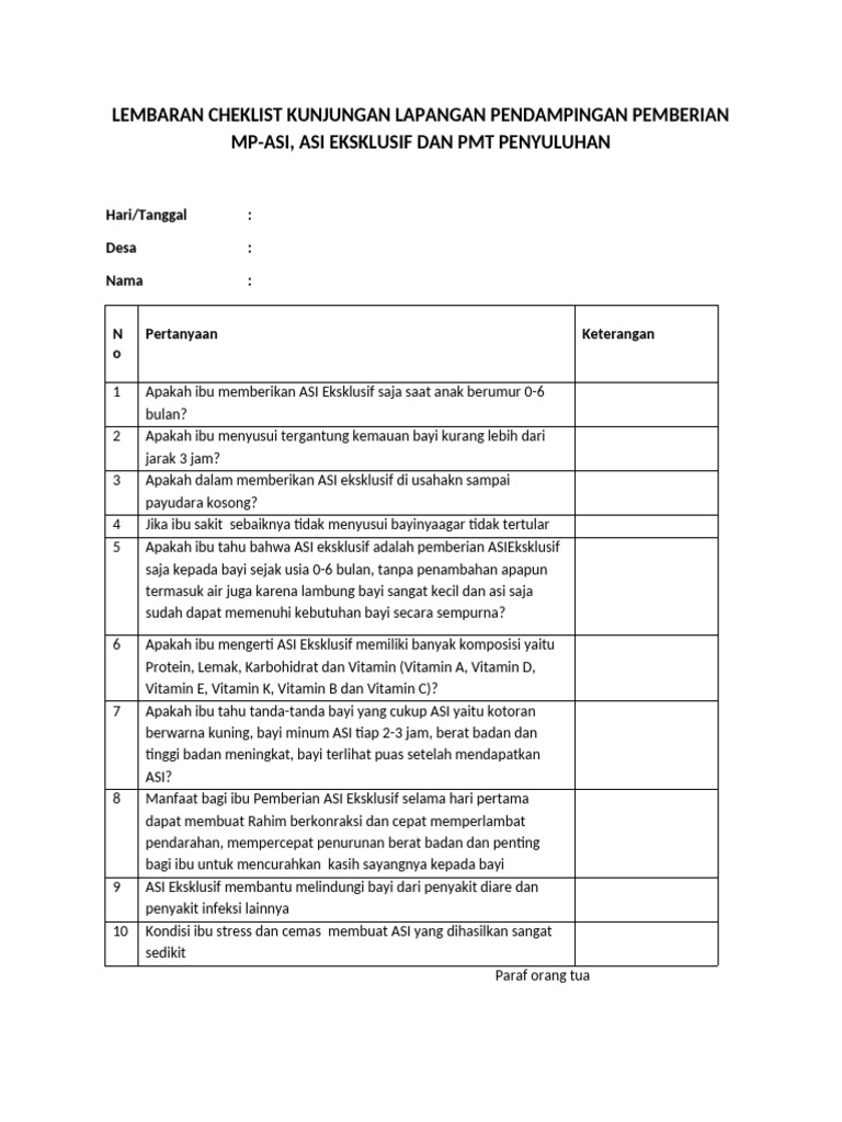Checklist Kunjungan MP-ASI dan ASI Eksklusif | PDF