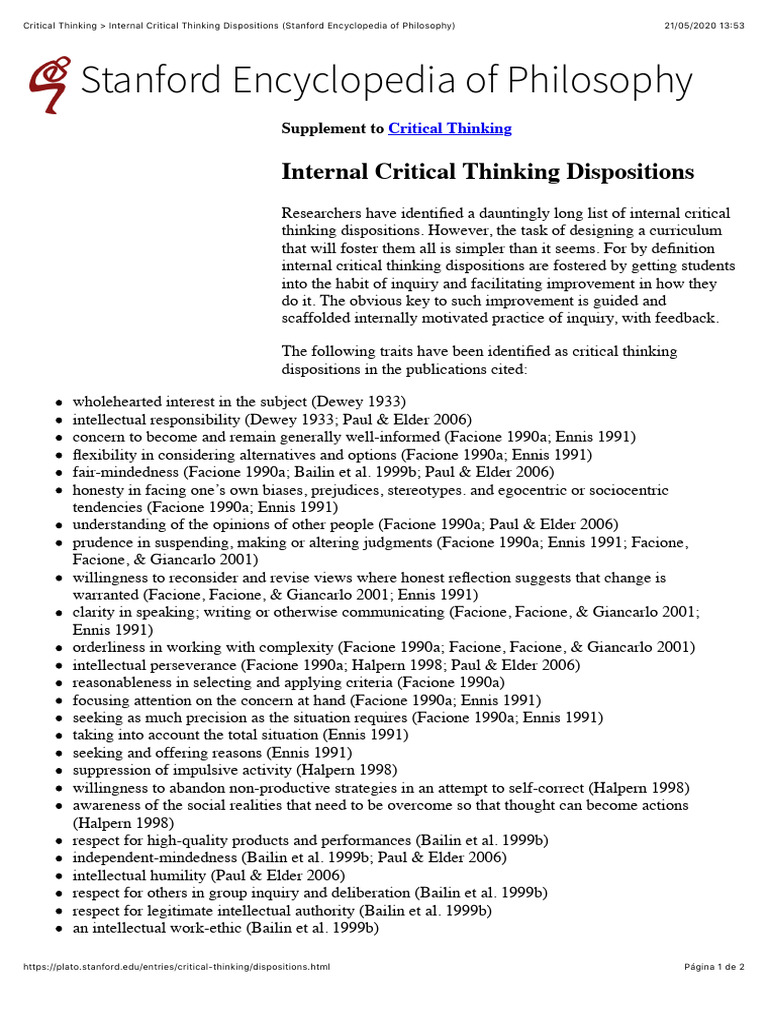 Internal Critical Thinking Dispositions (Stanford Encyclopedia of ...