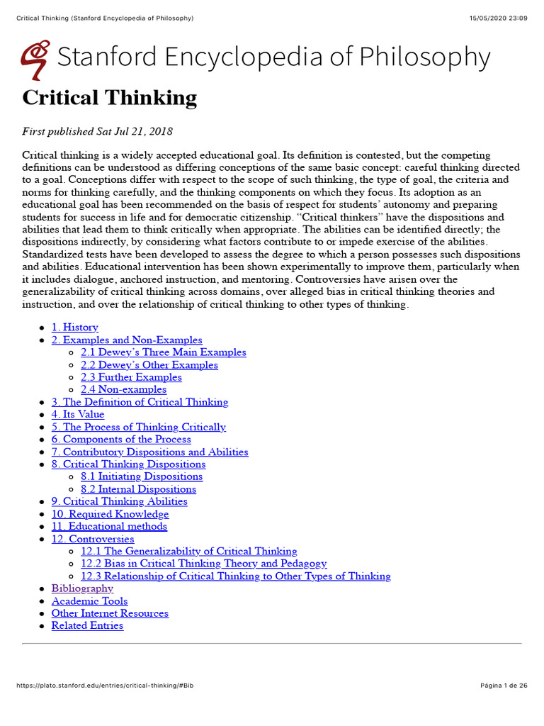 Critical Thinking (Stanford Encyclopedia of Philosophy) | PDF ...