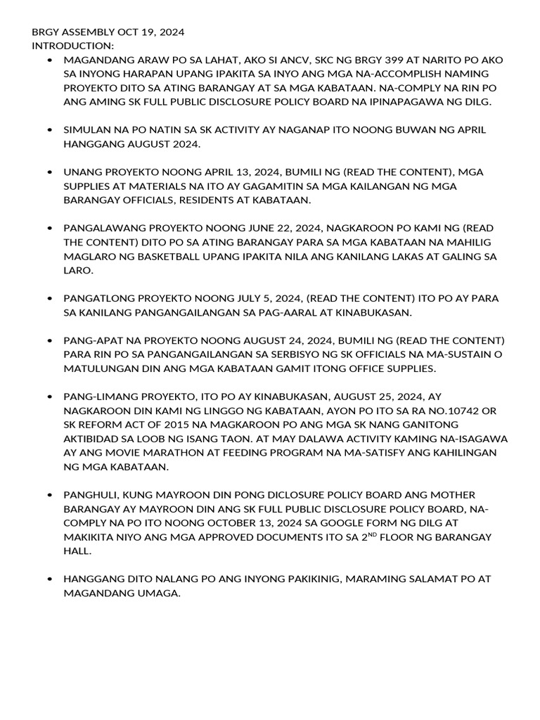 Brgy Assembly Oct 19 | PDF
