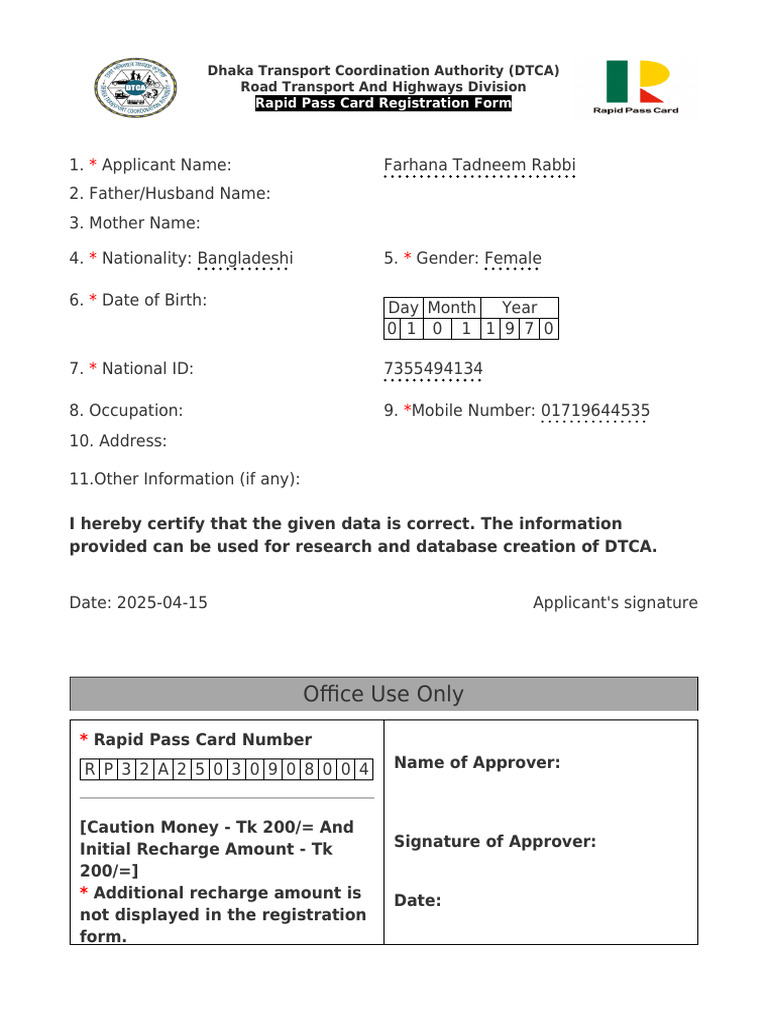 Rapid Pass Registration Form | PDF
