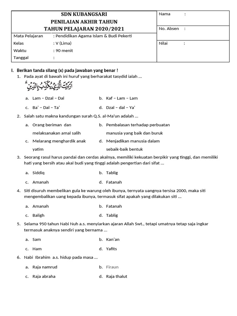 Soal PAT PAI Kelas 5 K13 | PDF