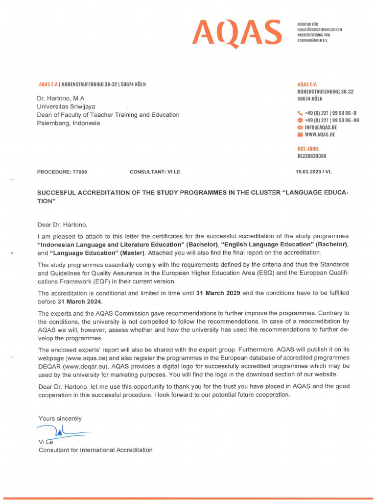 Letter of Successful Accreditation - Sriwijaya - Cluster Language ...