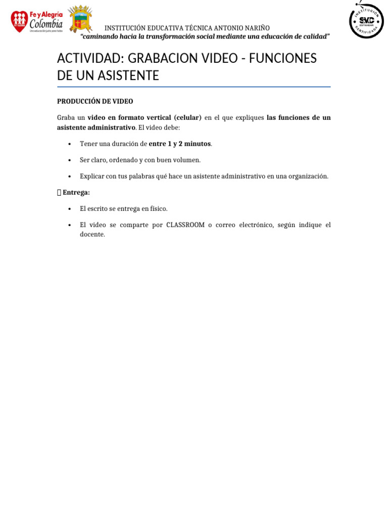 Actividad Grabacion Video-Funciones Asistente Administrativo | PDF