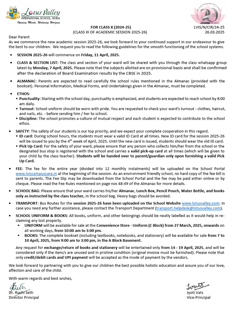 GI Circular, Class XI of 2025-26 (Existing Students) | PDF
