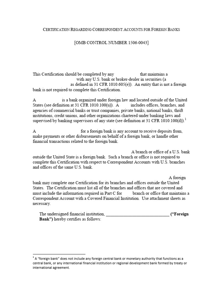Foreign Bank Correspondent Account Certification | PDF | Banks ...