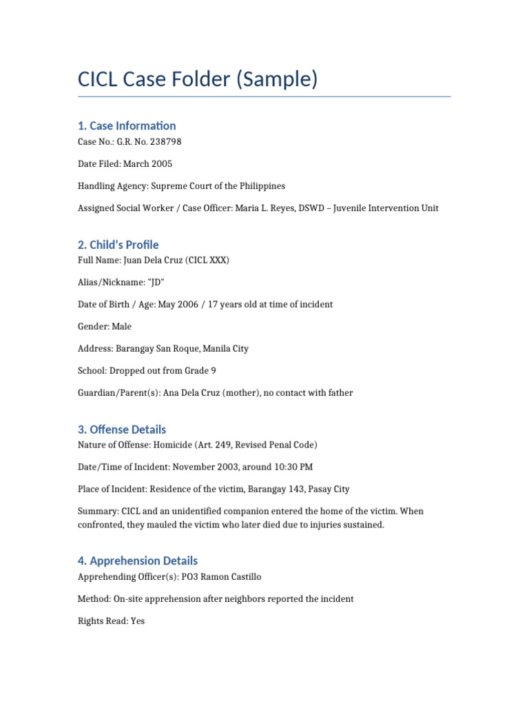 Filled CICL Case Folder Sample 238798 | PDF | Justice | Crime & Violence