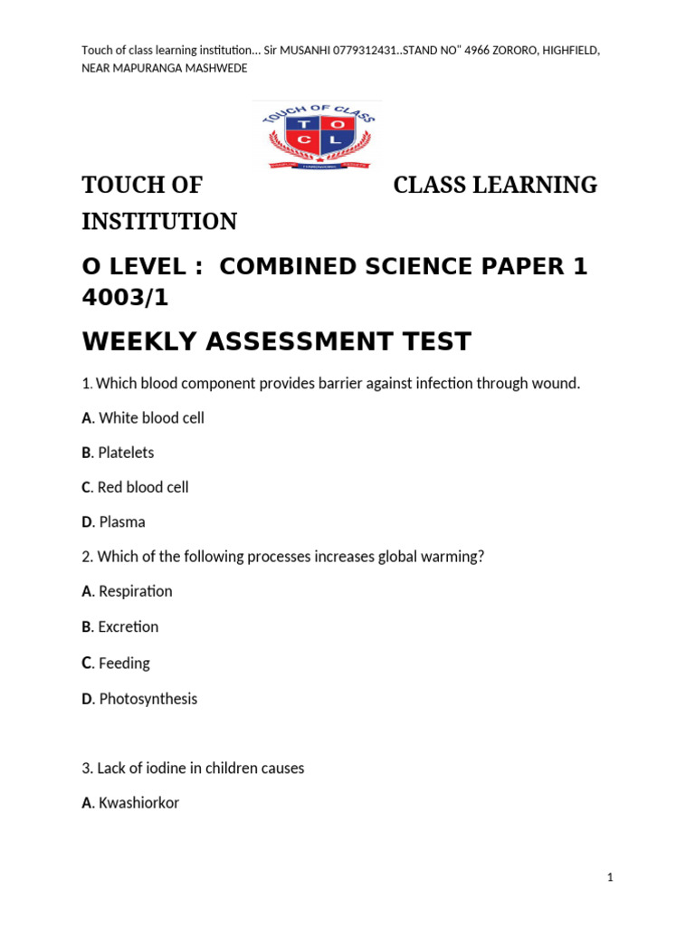 O Level Combined Science Assessment | PDF | Oxygen | Oxide