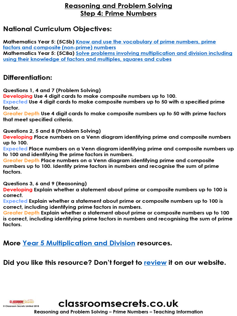 Year 5 Prime Numbers Problem Solving | PDF | Prime Number | Mathematics