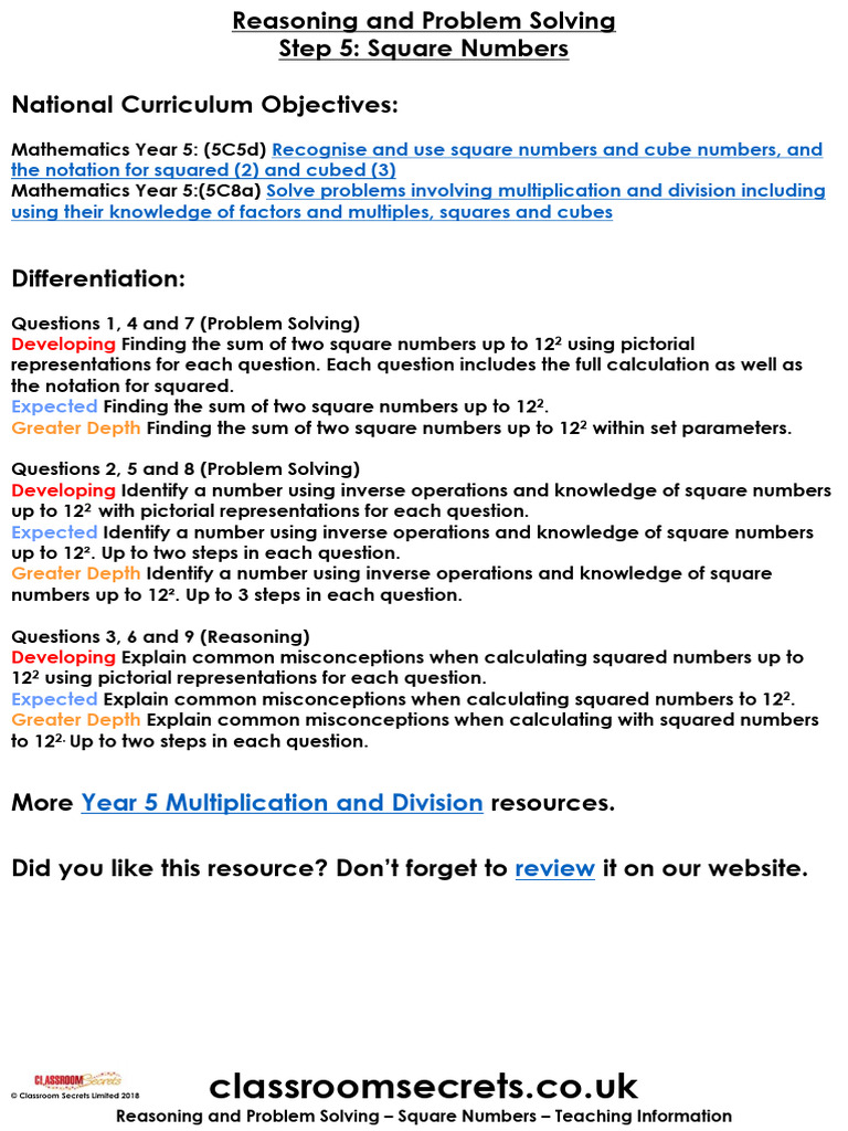 Year 5 Autumn Block 4 Step 5 RPS Square Numbers | PDF | Elementary ...