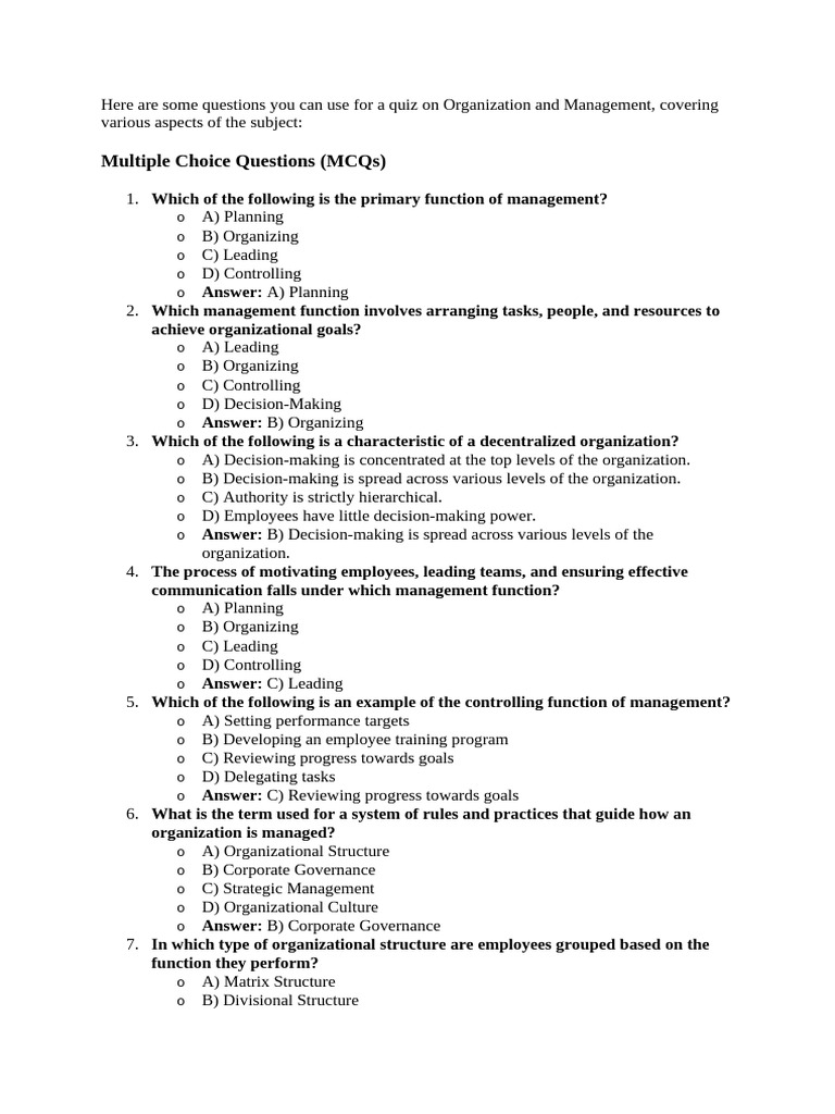 Here Are Some Questions You Can Use For A Quiz On Organization and ...