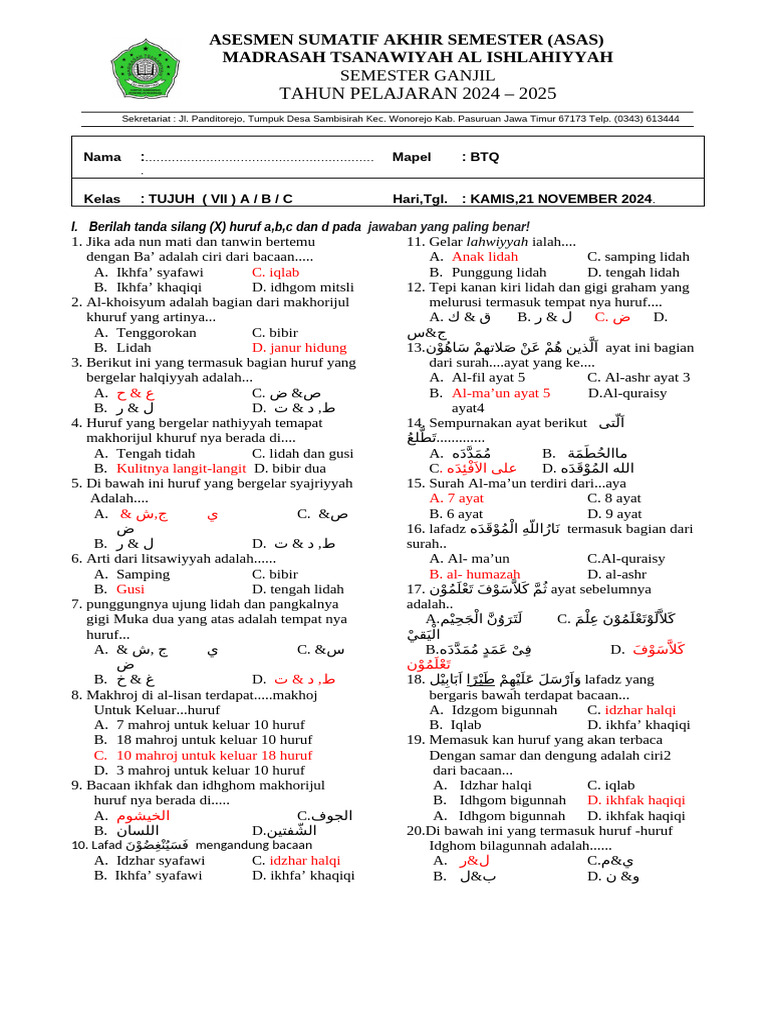 Asas BTQ Ganjil KLS Vii 2024-2025 | PDF