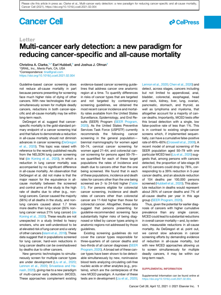 Multi-Cancer Early Detection: A New Paradigm For Reducing Cancer ...