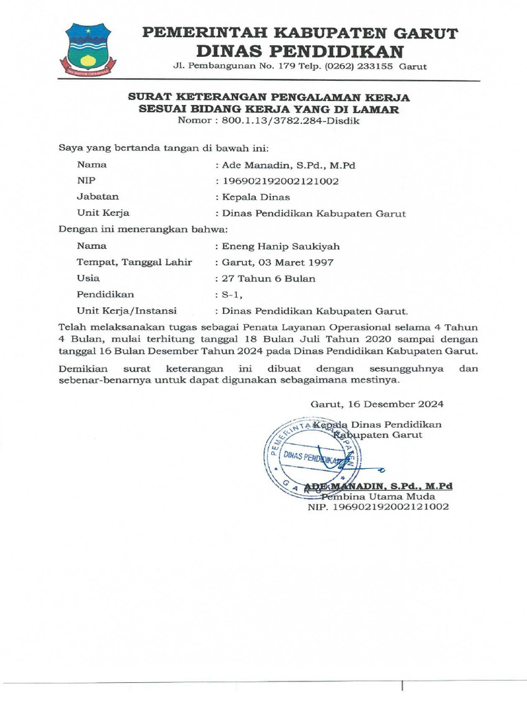 Surat Keterangan Pengalaman Kerja | PDF