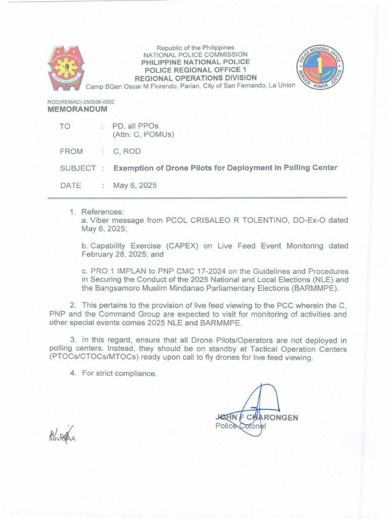 Exemption of Drone Pilots For Deployment in Pollling Center | PDF ...