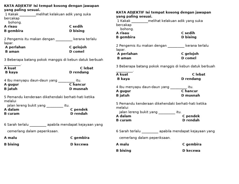 KATA ADJEKTIF Isi tempat kosong dengan jawapan yang paling sesuai | PDF