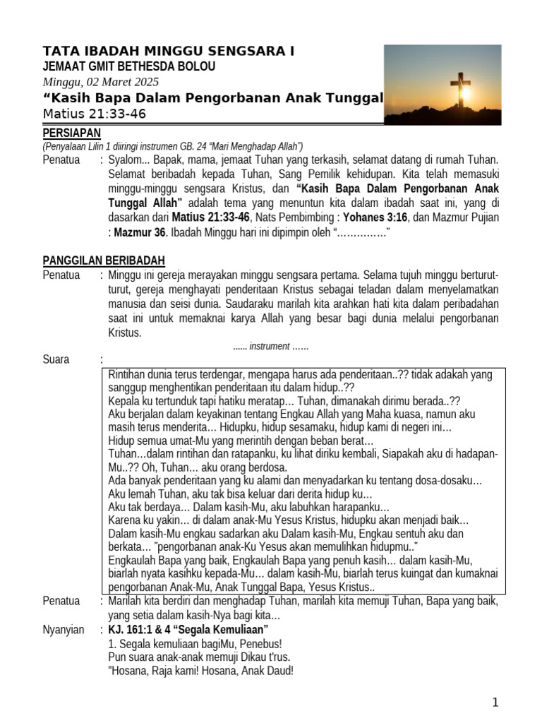 Tata Ibadah Minggu Sengsara I - Kasih Bapa Dalam Pengorbanan Anak Tunggal Allah | PDF