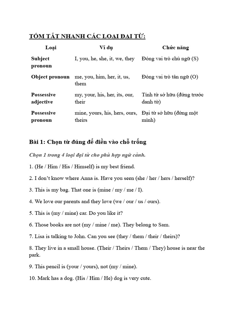 Bài tập đại từ, tính từ sở hữu | PDF | Syntax | Syntactic Relationships