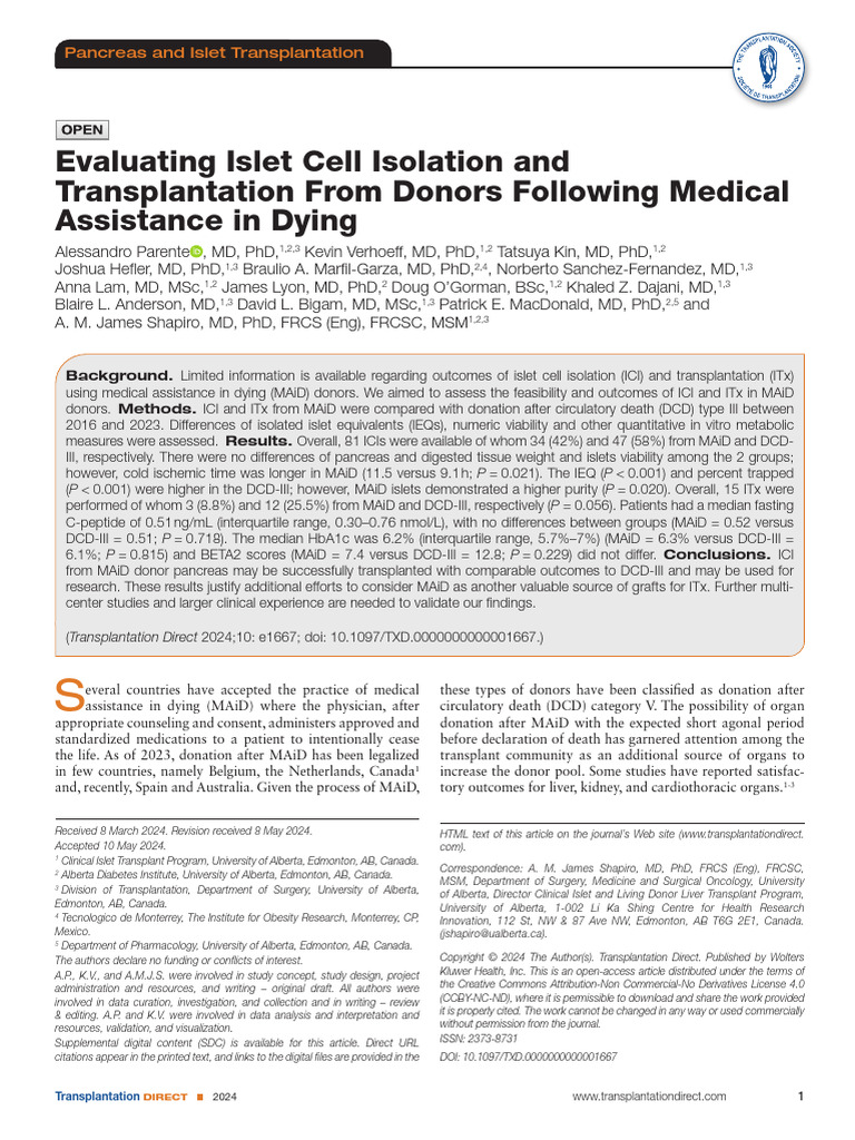 Evaluating Islet Cell Isolation and Transplantation From Donors ...