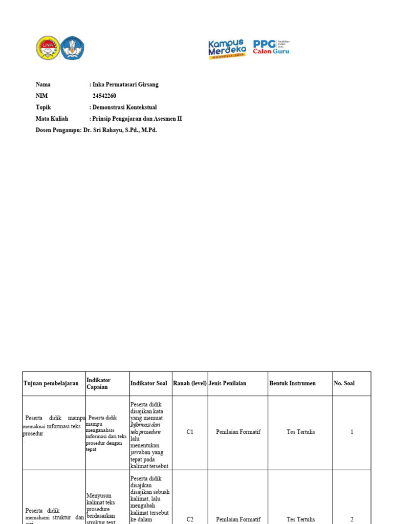 02.02.b.3-T2-4 Demonstrasi Kontekstual (Prinsip Pengajaran Dan Asesmen) .INKA GIRSANG | PDF