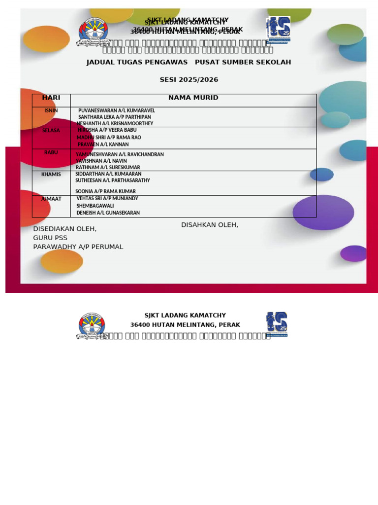 Jadual Tugasan Pengawas PSS (1) 2025 | PDF