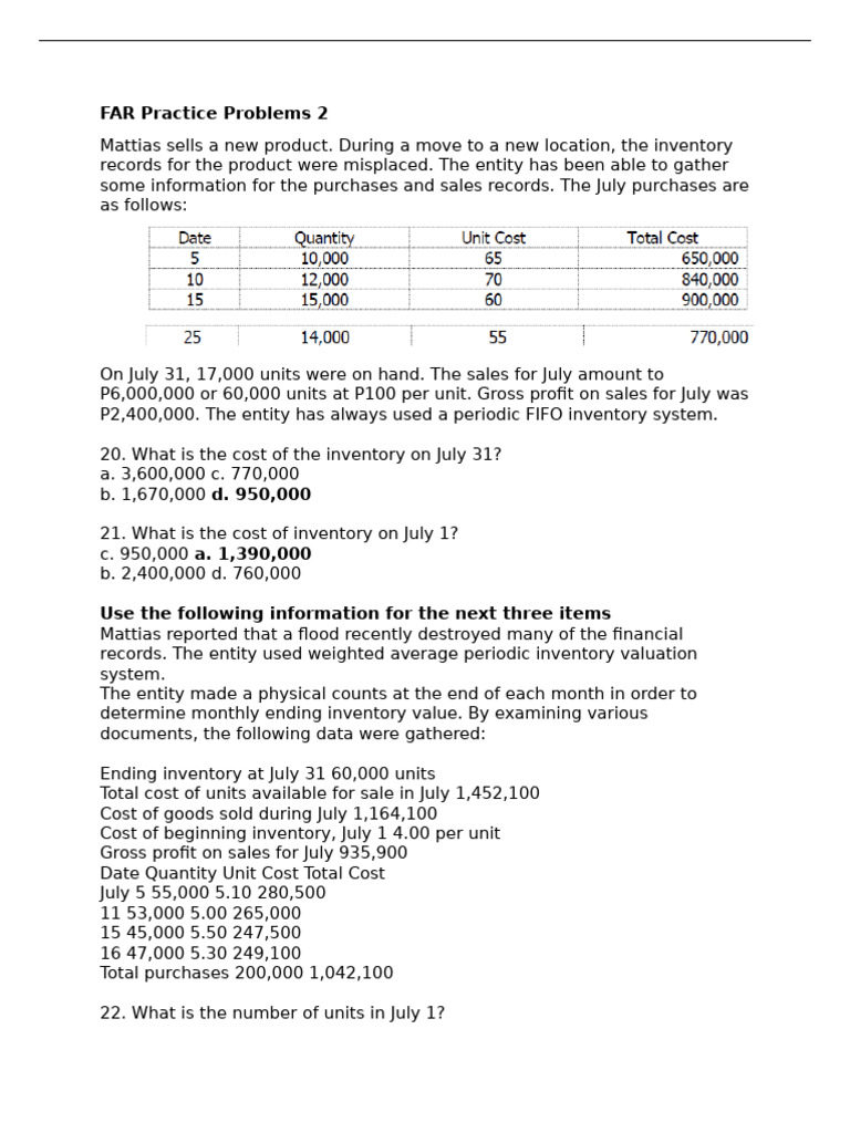 FAR Practice Problems 2 | PDF | Cost Of Goods Sold | Inventory